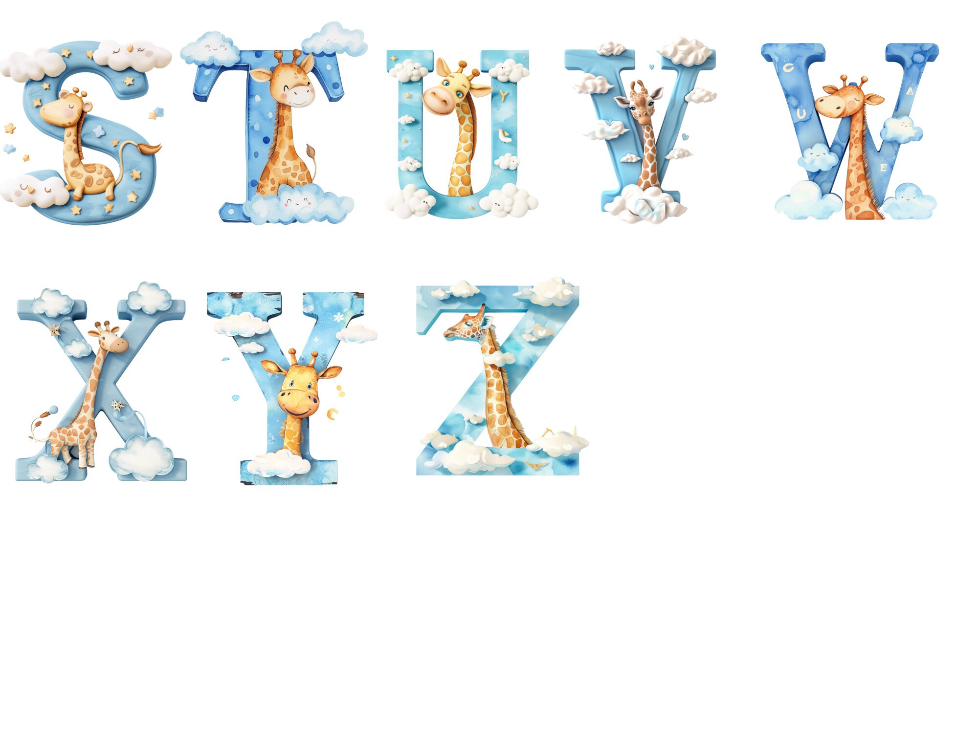 Blue Giraffe Alphabet Watercolor, Giraffe Letters, Transparent ...