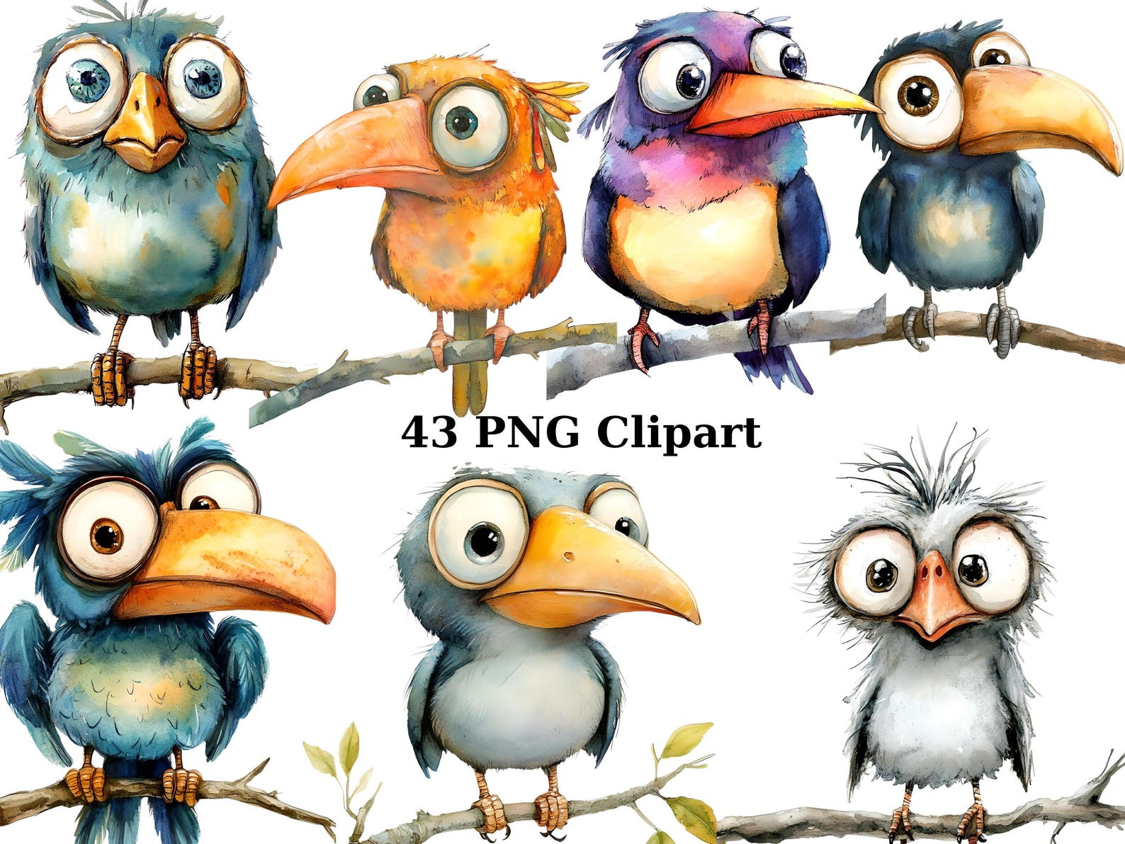 43 Whimsical Birds Watercolor Clipart, Whimsical Clipart, PNG ...