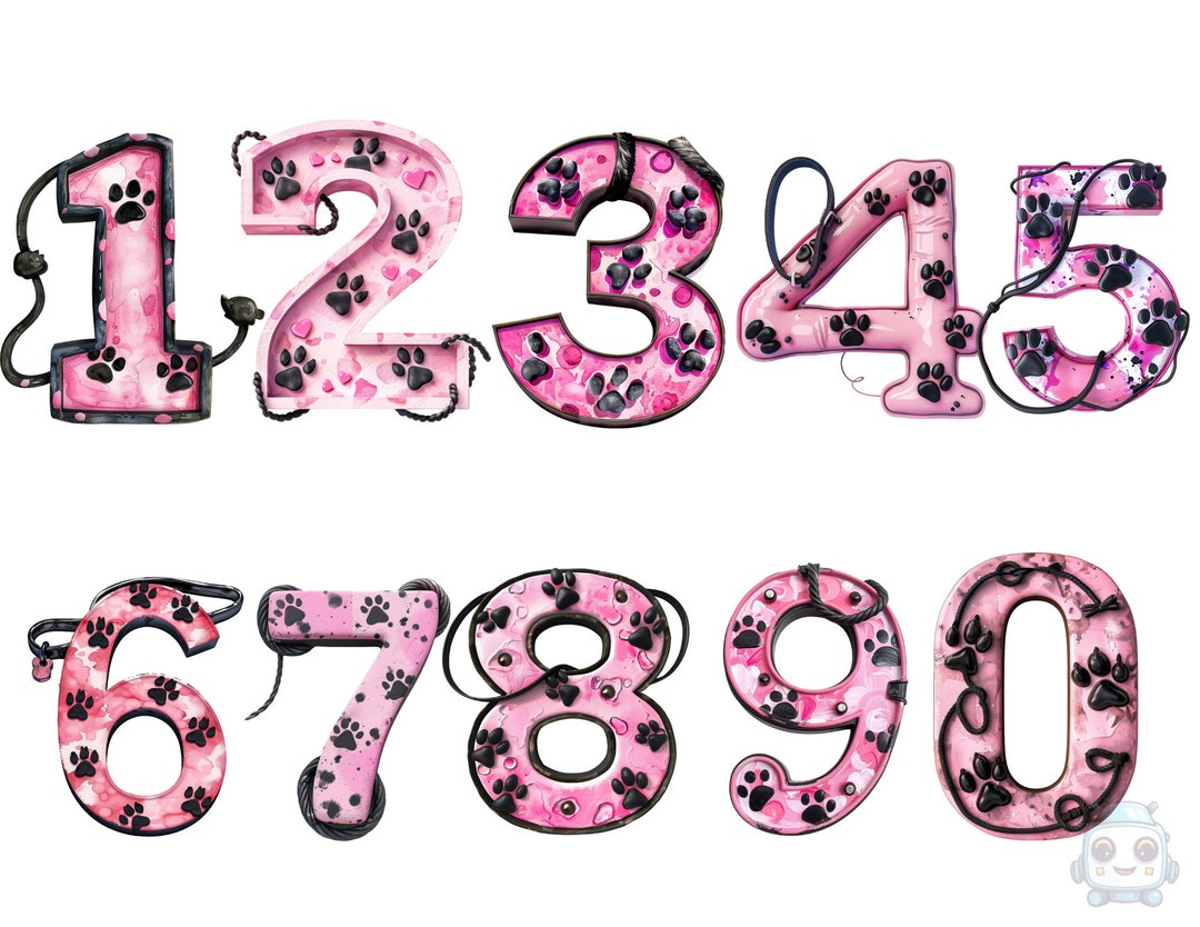 Pink Dog Paw Numbers Clipart, PNG Individual Images on Transparent ...