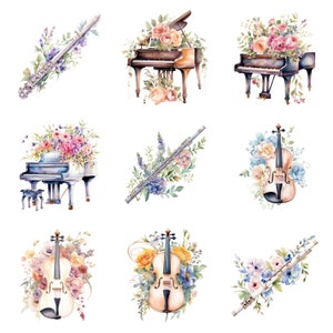 Watercolor Floral Instruments Clipart, PNG Digital Files on Transparent ...