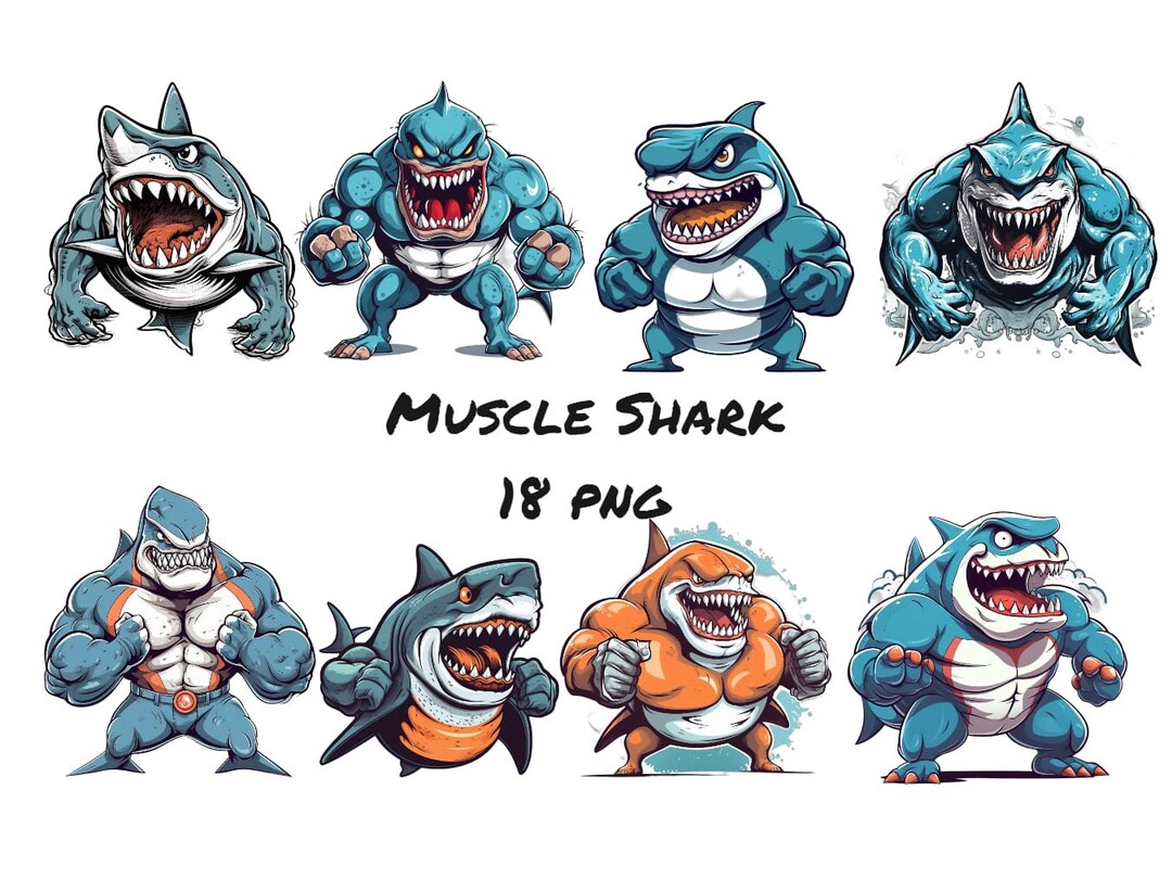 Muscles Shark, Watercolor, 18 Png Images, Clip Art, Junk Journal, Paper ...