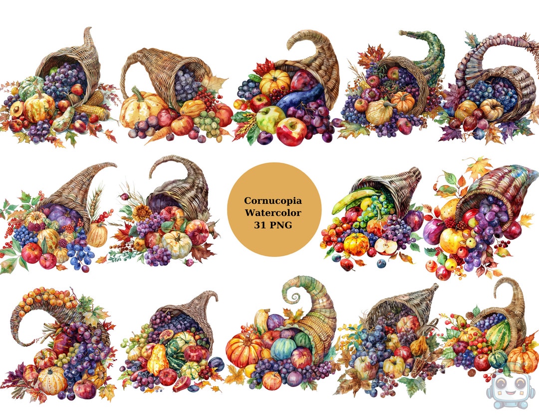 31 Cornucopia Clipart, Watercolor Clipart, Vegetables and Fruits, PNG ...