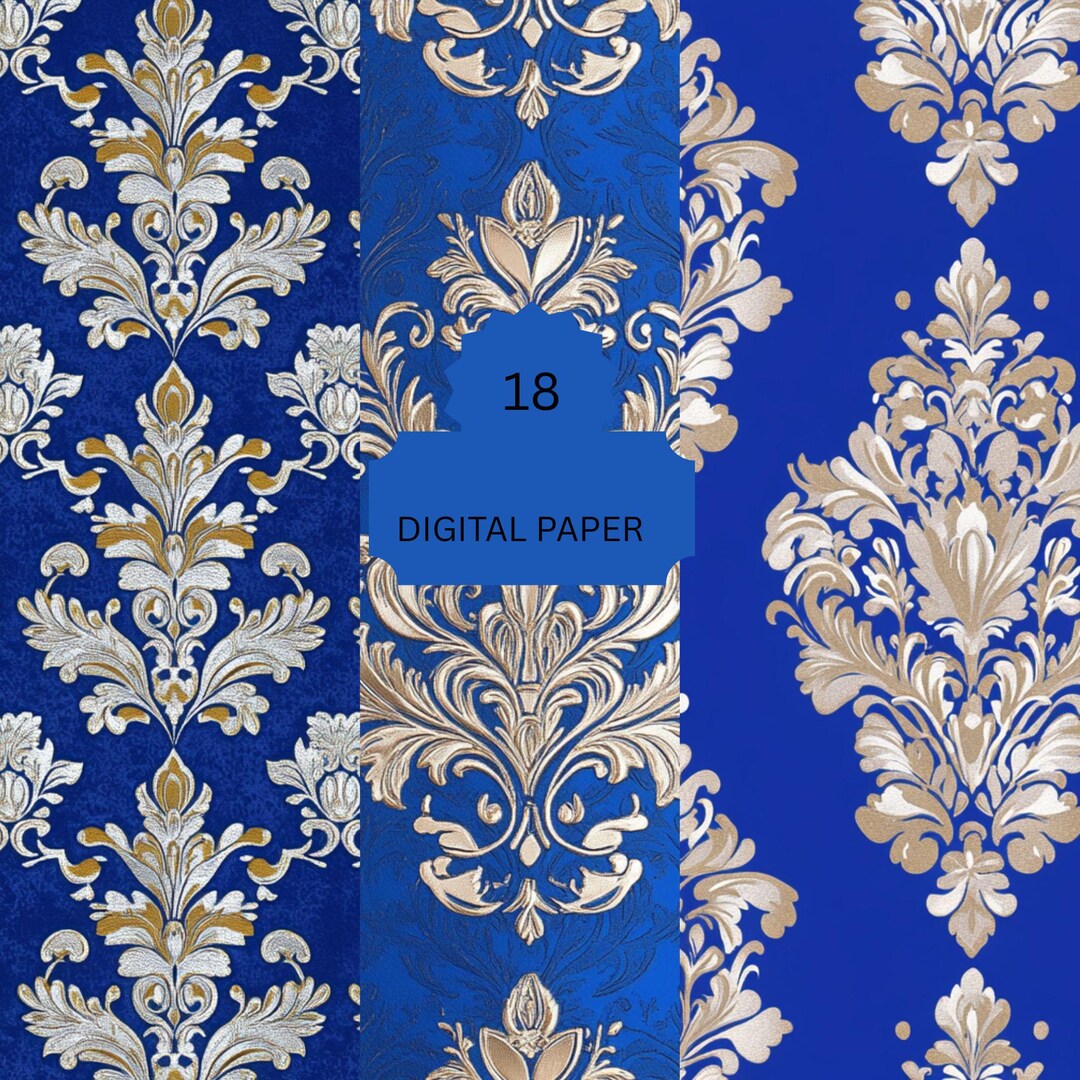 Royal Blue Damask Digital Paper Pack - Gold Ornate Baroque Pattern ...