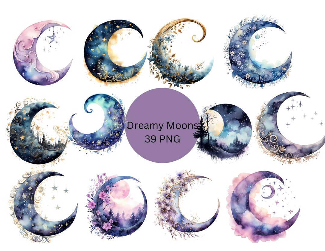 Watercolor Dreamy Moons Clipart, PNG Digital Files on a Transparent ...