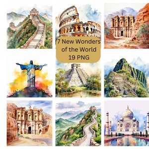 Watercolor 7 New Wonders of the World Clipart, PNG Digital Files ...