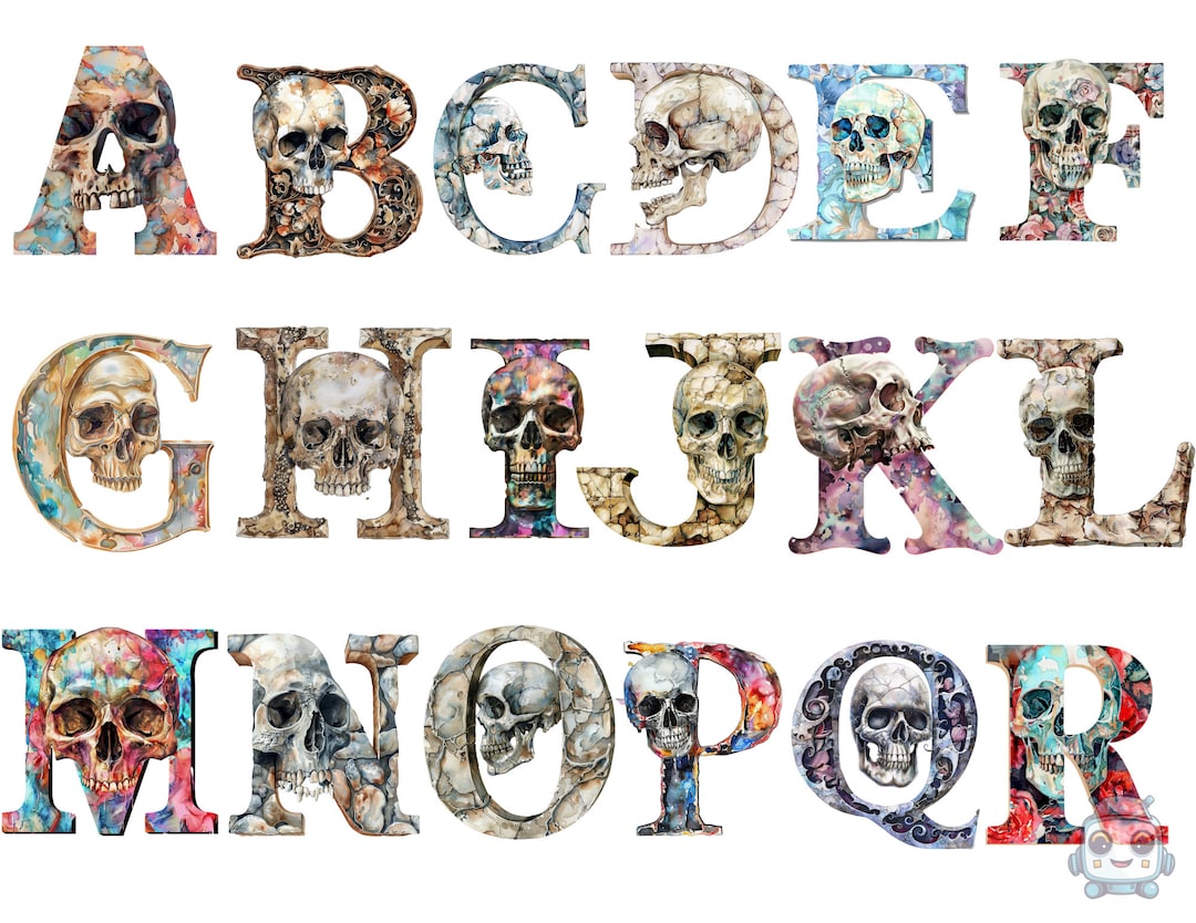 Watercolor Skull Alphabet Clipart, Bones Clipart, PNG Individual Images ...