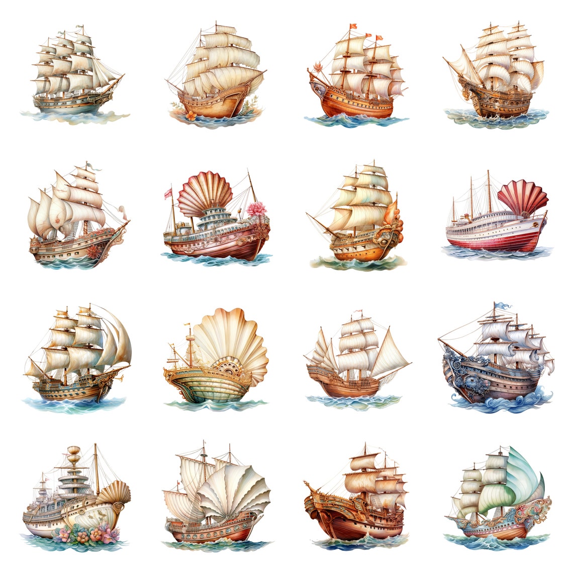 Watercolor 42 Vintage Ship Clipart, PNG Digital Files on a Transparent ...