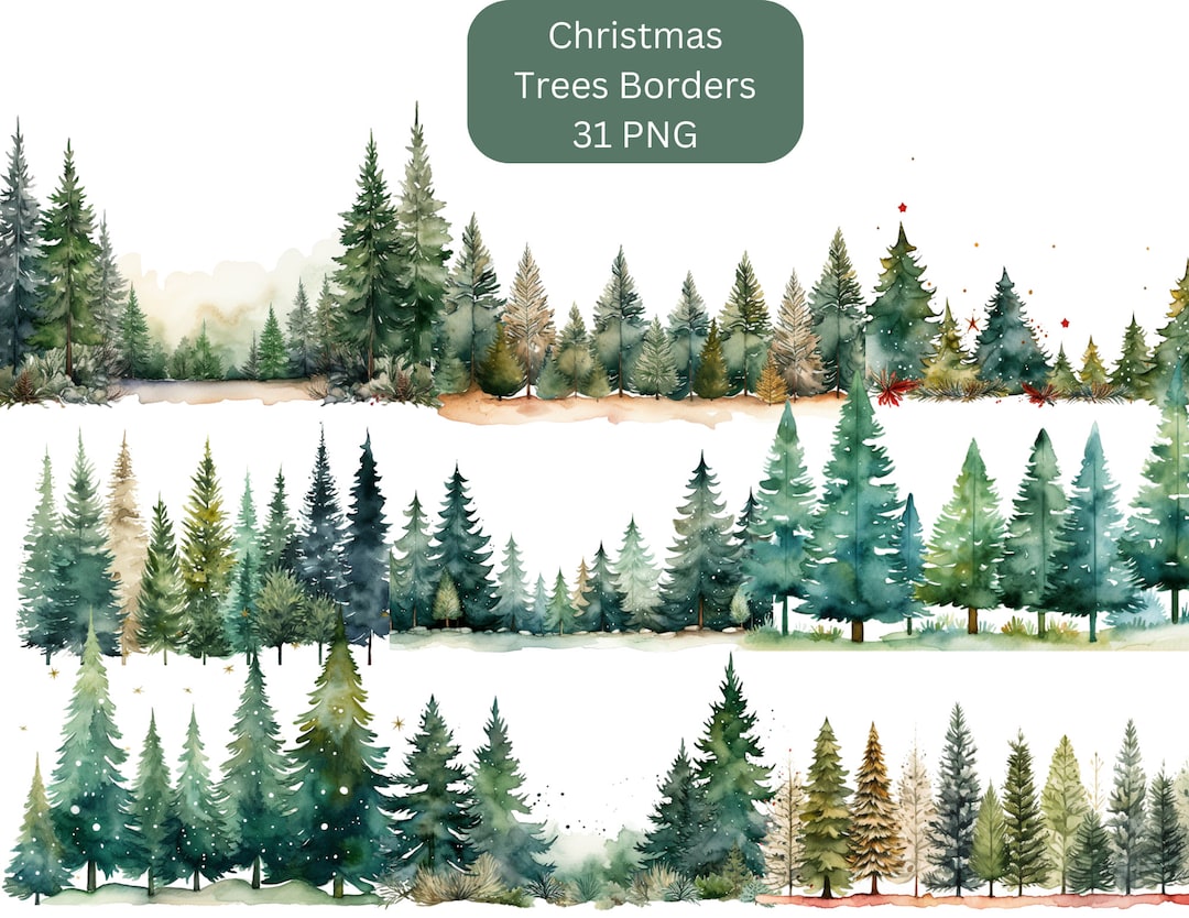 Watercolor Christmas Trees Borders Clipart, PNG Digital Files on ...