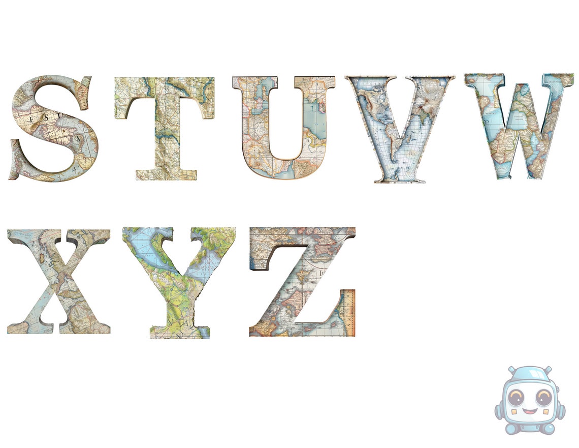 Watercolor Maps Alphabet Clipart, Maps Letters PNG Digital Files on ...