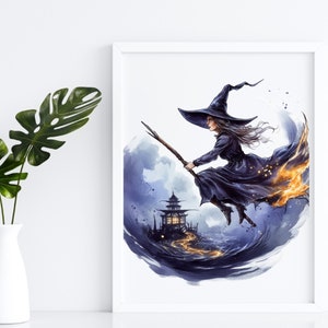 28 Witches on Broomsticks Watercolor Clipart, Halloween Clipart, PNG ...