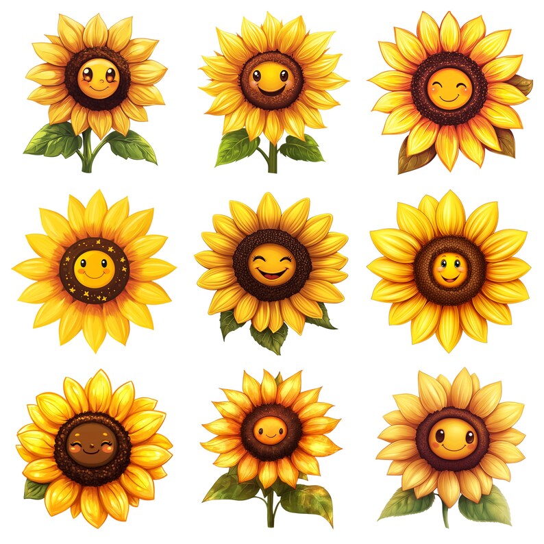 44 Smiling Sunflower Clipart Set, Cute Sunflower Faces PNG , Happy ...