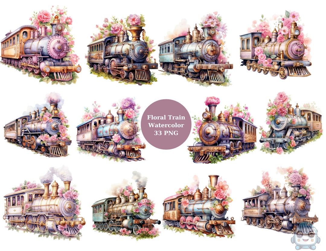 Watercolor Floral Train Clipart, Vintage Train, PNG Digital Files on ...