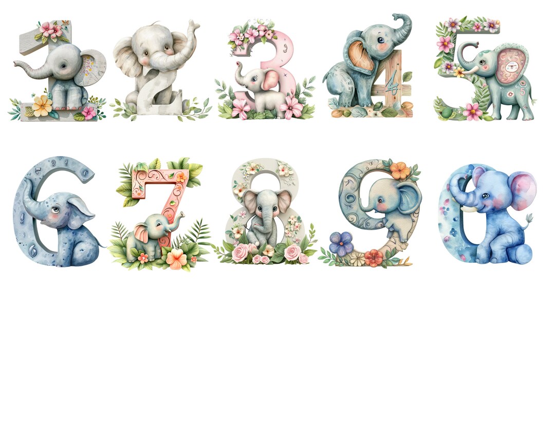 Watercolor Elephant Numbers Clipart, PNG Individual Images, Commercial ...