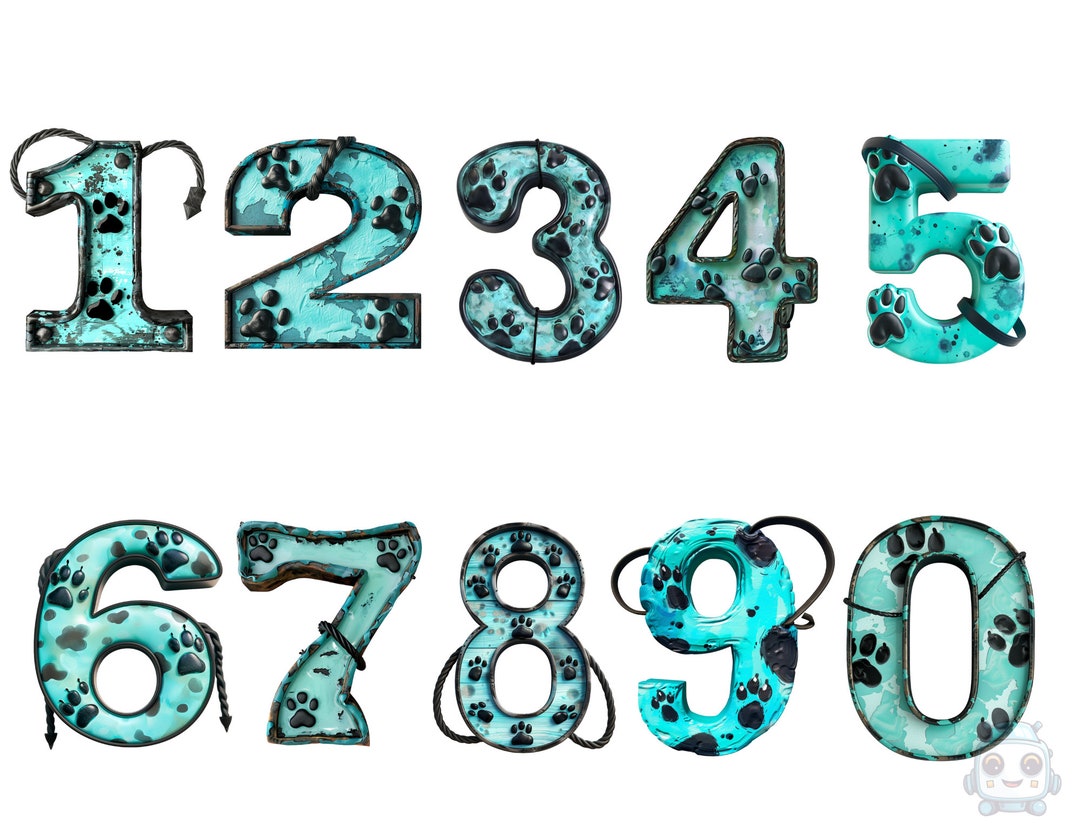 Watercolor Turquoise Dog Paw Numbers Clipart, PNG Individual Images on ...