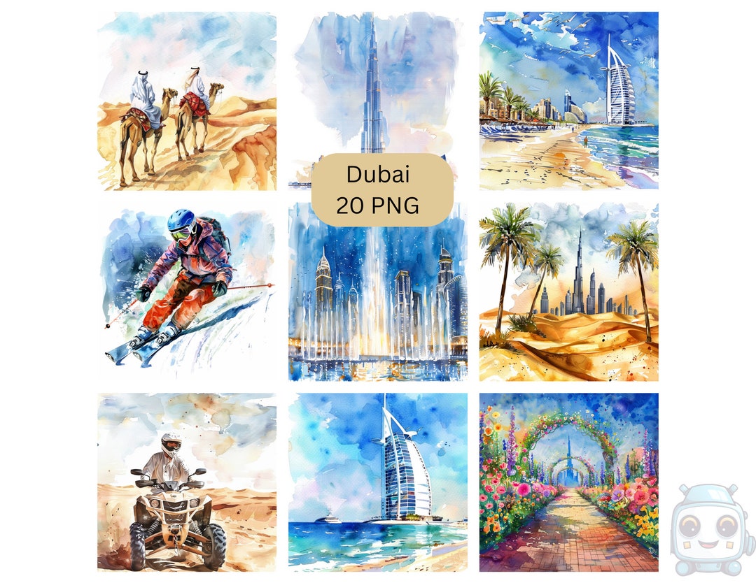Watercolor Dubai Clipart, PNG Individual Images on Transparent ...