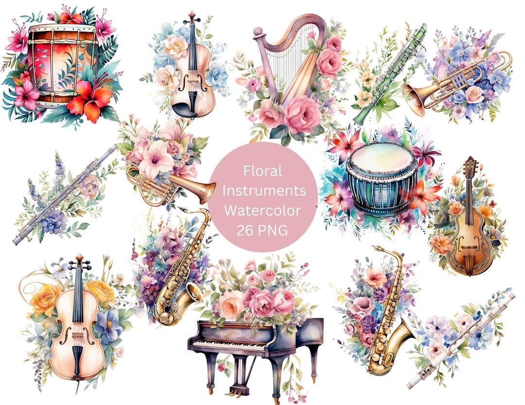 Watercolor Floral Instruments Clipart, PNG Digital Files on Transparent ...