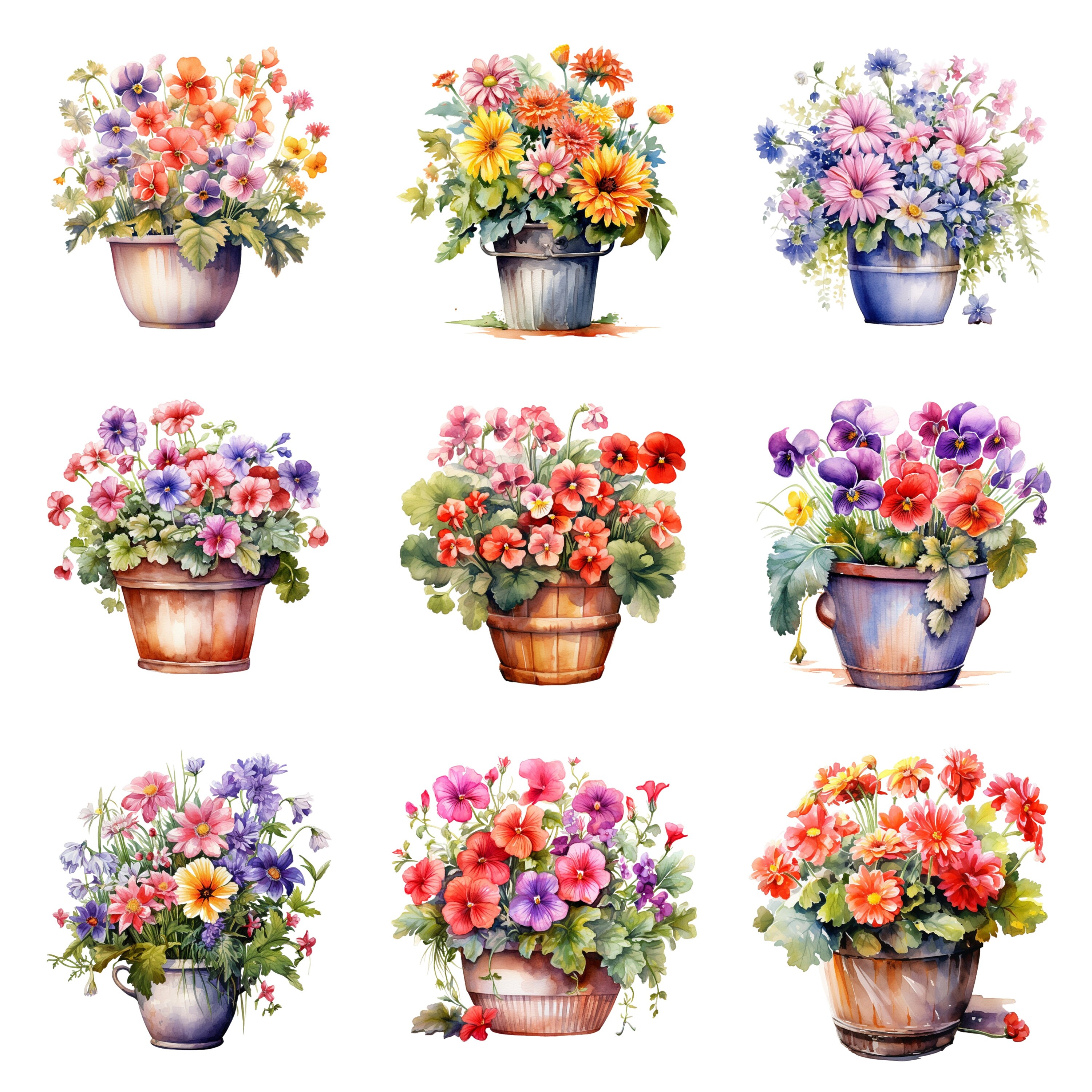 Watercolor Flowers in Pots Clipart PNG Digital Files on - Etsy