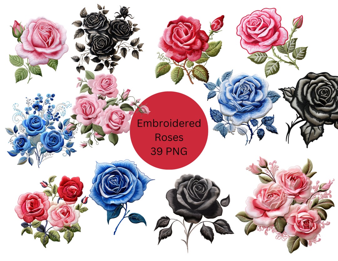 Embroidered Roses Clipart, PNG Digital Files on a Transparent ...