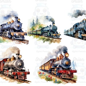Watercolor Vintage Trains Clipart, PNG Digital Files on a Transparent ...