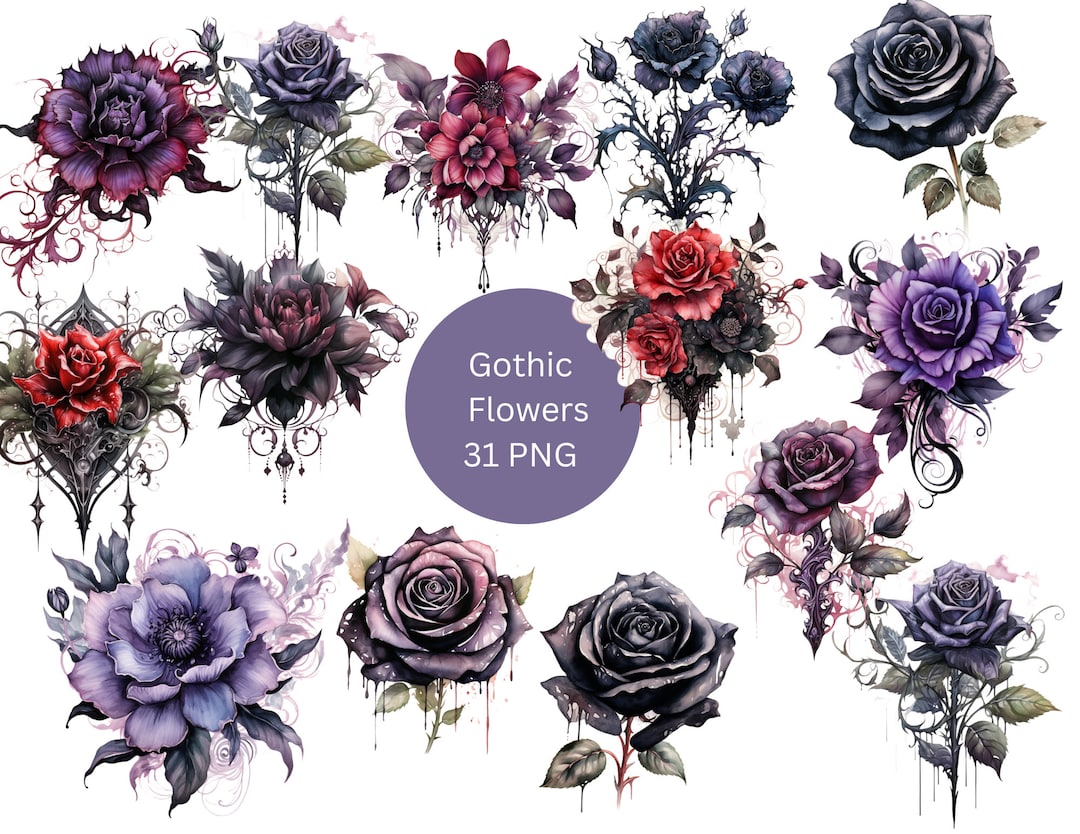 Watercolor Gothic Flowers Clipart, PNG Individual Images on Transparent ...