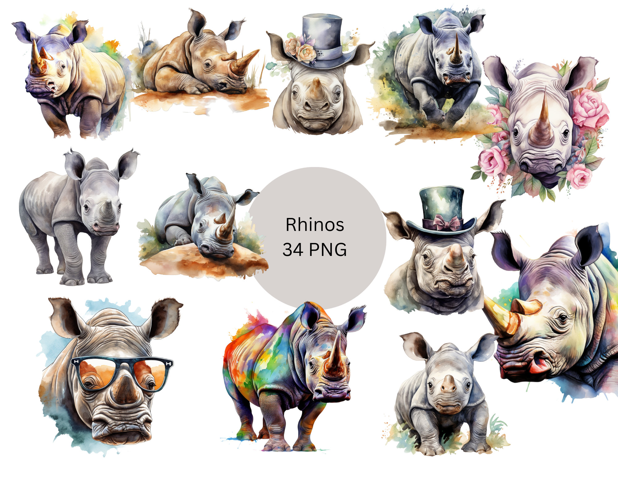 Watercolor Rhinoceros Clipart Rhinos PNG Digital Files on - Etsy