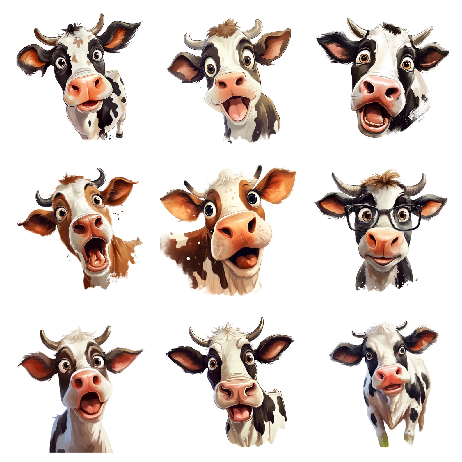 Funny and Crazy Cows Clipart, PNG Digital Files on Transparent ...