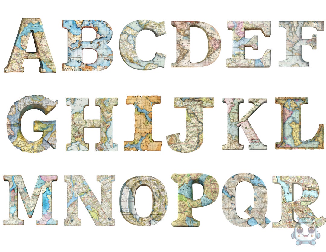 Watercolor Maps Alphabet Clipart, Maps Letters PNG Digital Files on ...