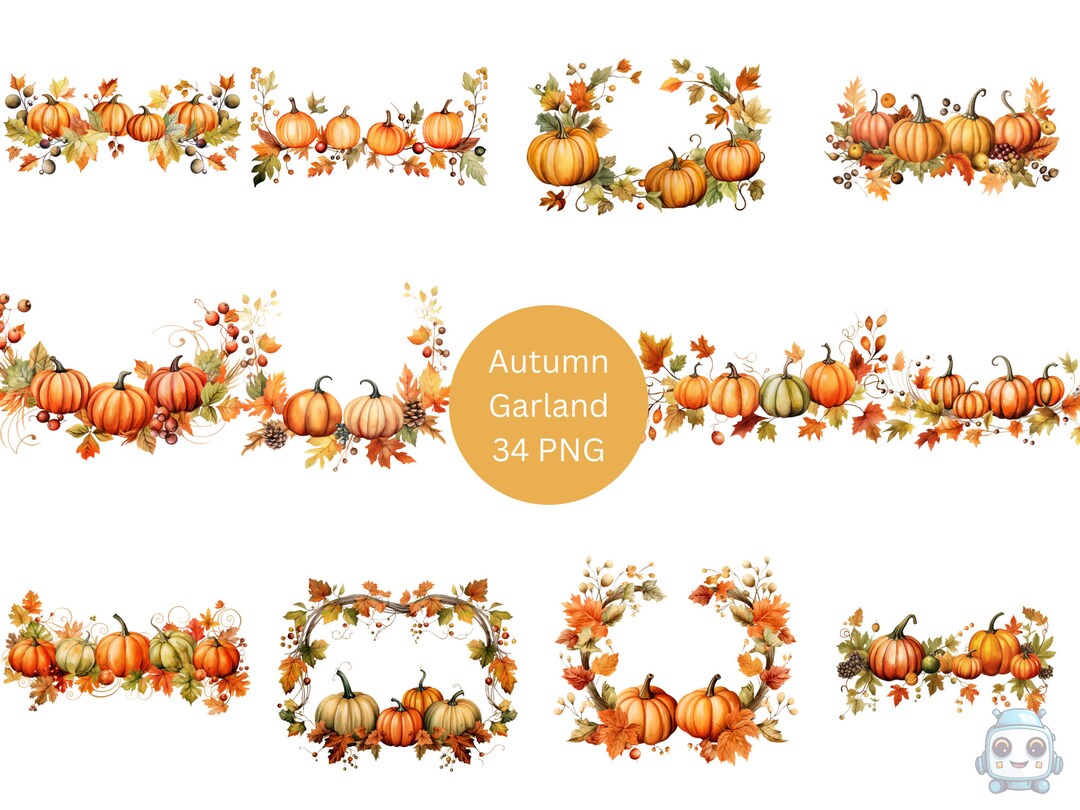 34 Autumn Garlands Watercolor Clipart, Fall Clipart, PNG Individual ...