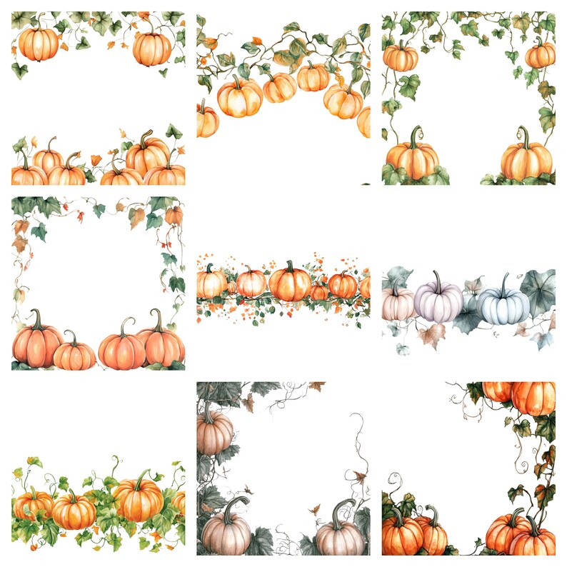 Watercolor Pumpkin Borders Clipart Set | 34 PNG Fall Pumpkins Digital ...