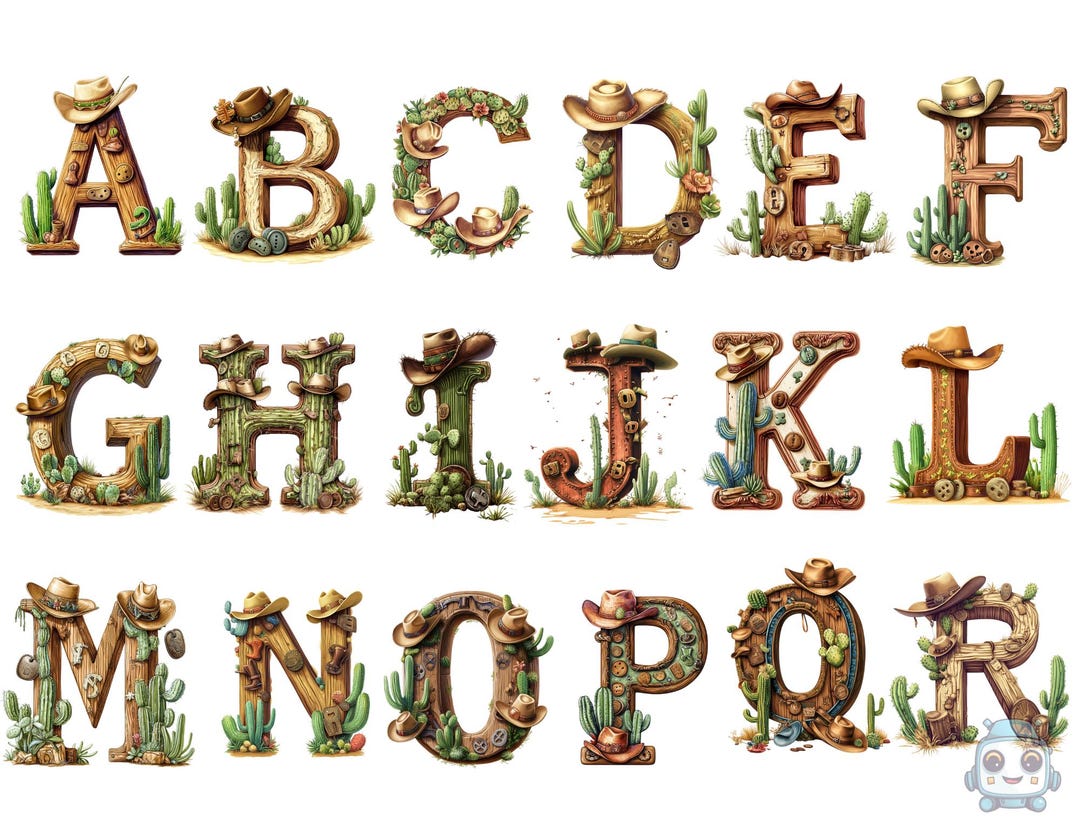 Western Cowboy Alphabet Clipart - Rustic Cactus and Hat Letters PNG ...