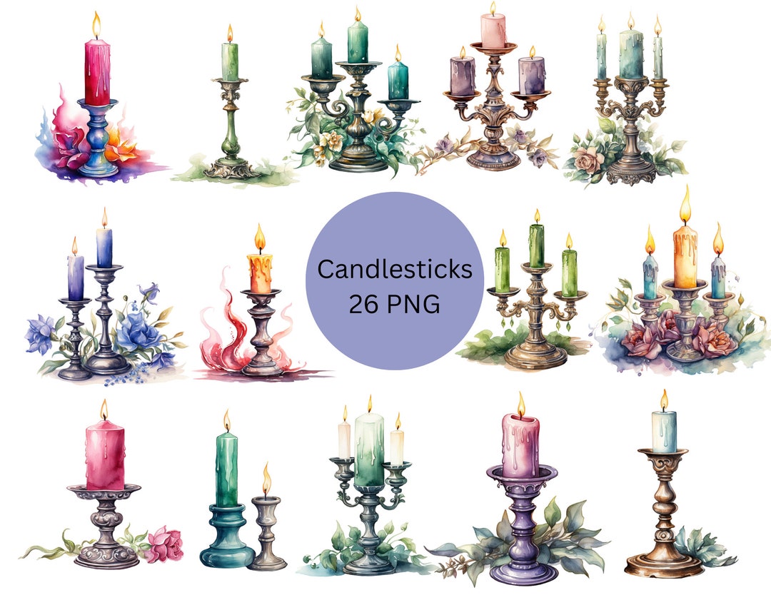 Watercolor Candles in Candlesticks Clipart, PNG Digital Files on a ...