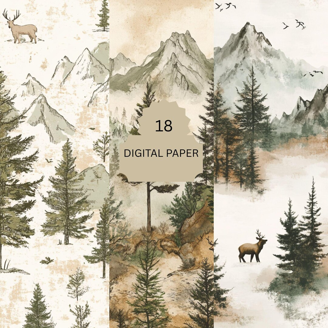 Rustic Mountain Digital Paper Pack – 18 Forest and Wildlife Backgrounds ...