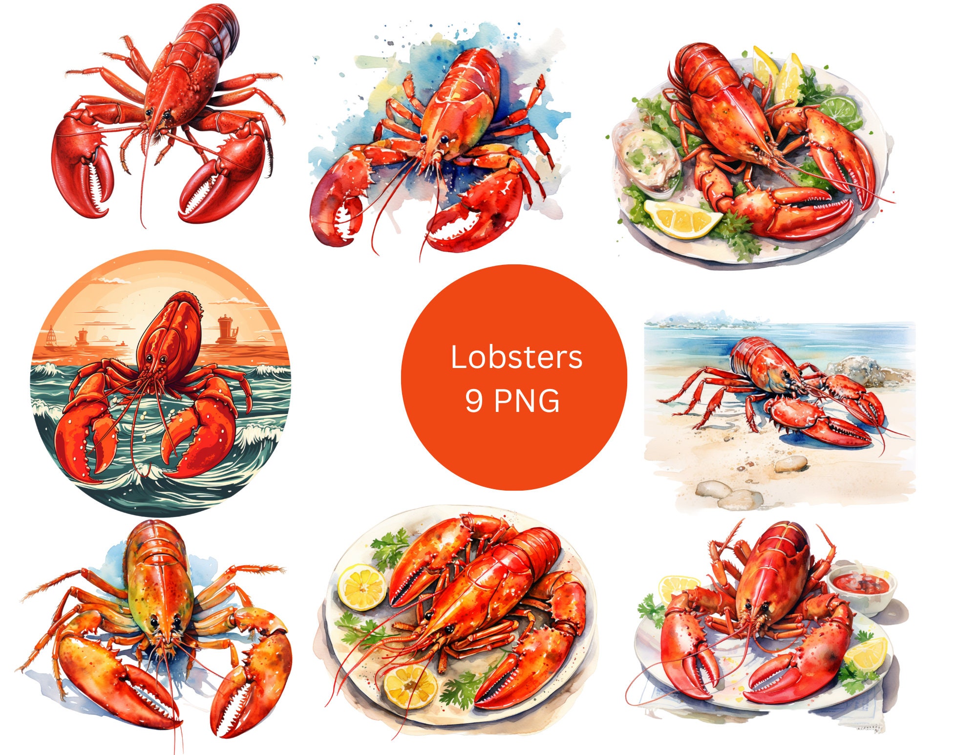 Watercolor Lobsters Clipart PNG Digital Files on Transparent - Etsy