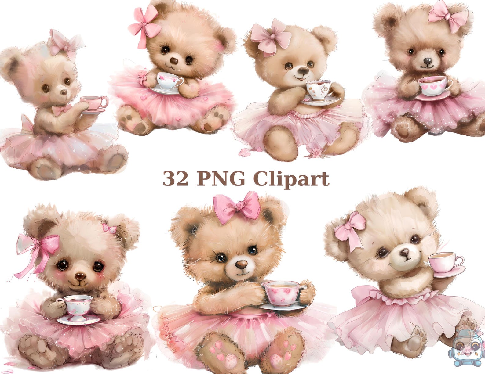 Adorable Ballerina Teddy Bear Tea Party Clipart PNG Individual Images ...