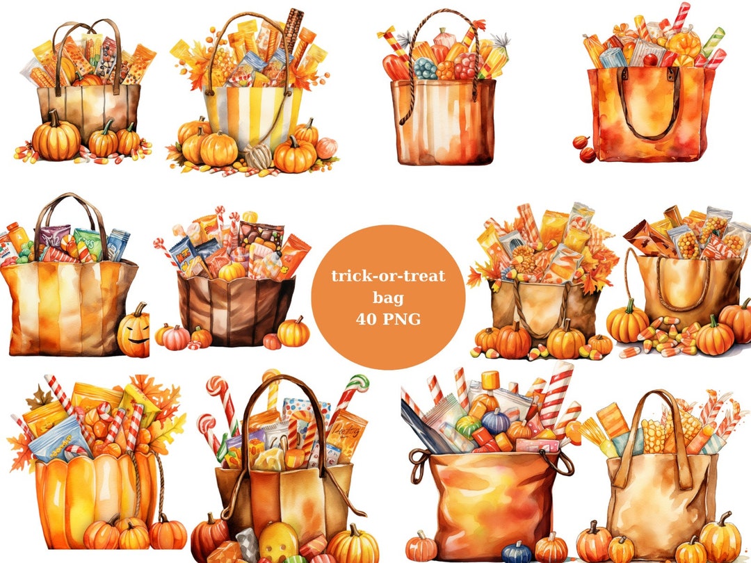 40 Trick-or-treat Bags Watercolor Clipart, Halloween Clipart, PNG ...