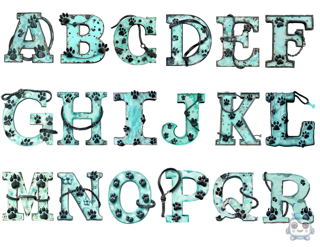 Watercolor Turquoise Dog Paw Alphabet Clipart, PNG Individual Images on ...