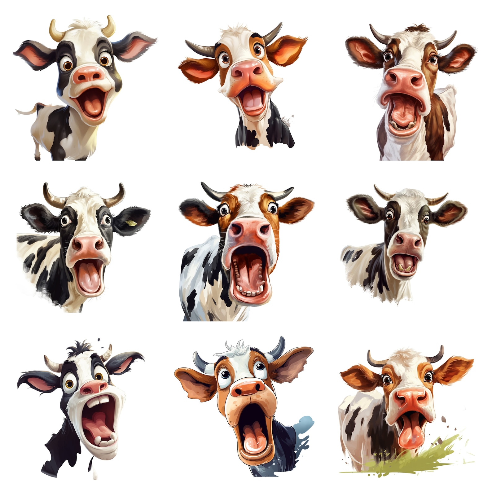 Funny and Crazy Cows Clipart, PNG Digital Files on Transparent ...