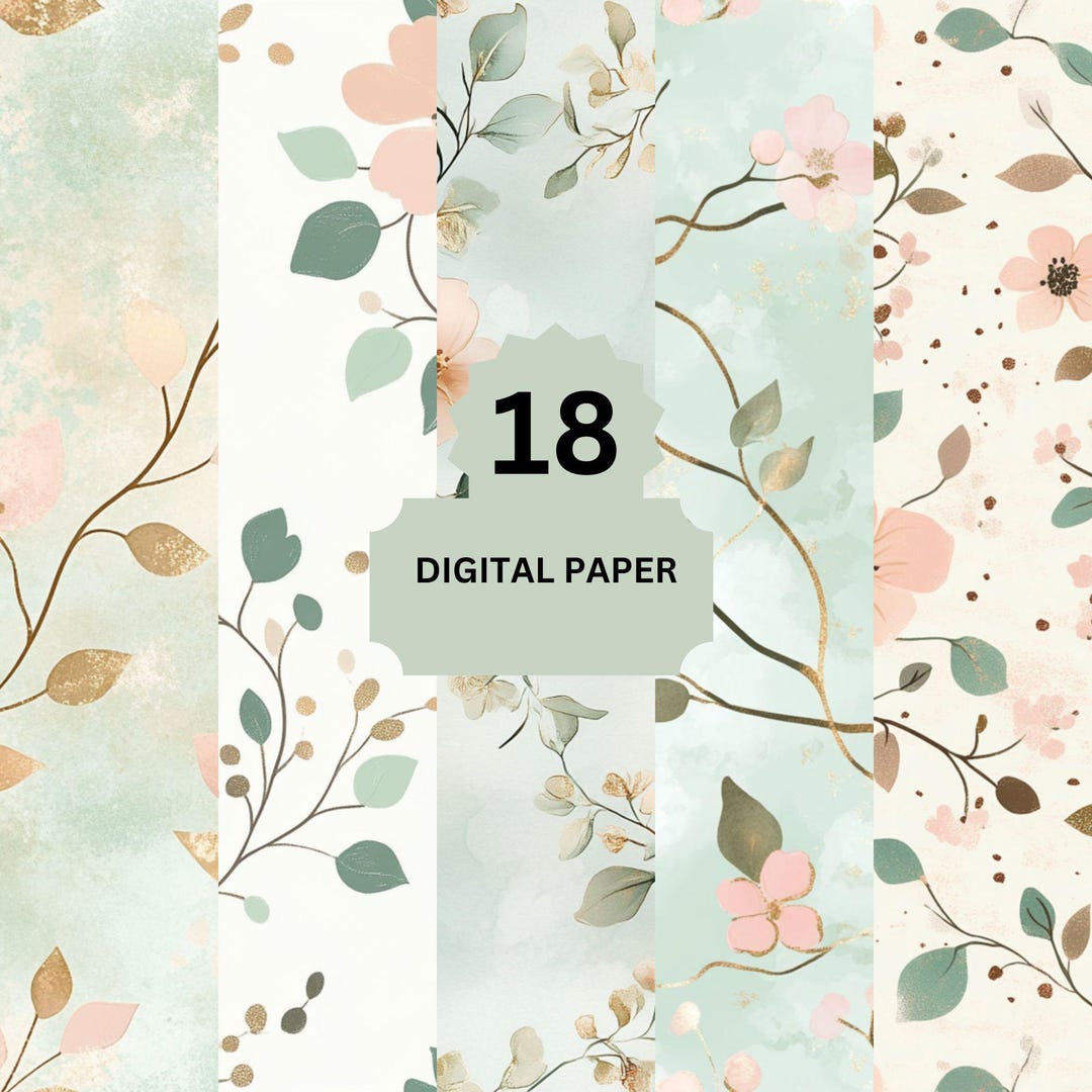 Sage Green Floral Digital Paper – 18 Blush & Gold Botanical Backgrounds ...