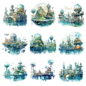 32 Underwater Cities Watercolor Clipart, Science Fiction Clipart, PNG ...