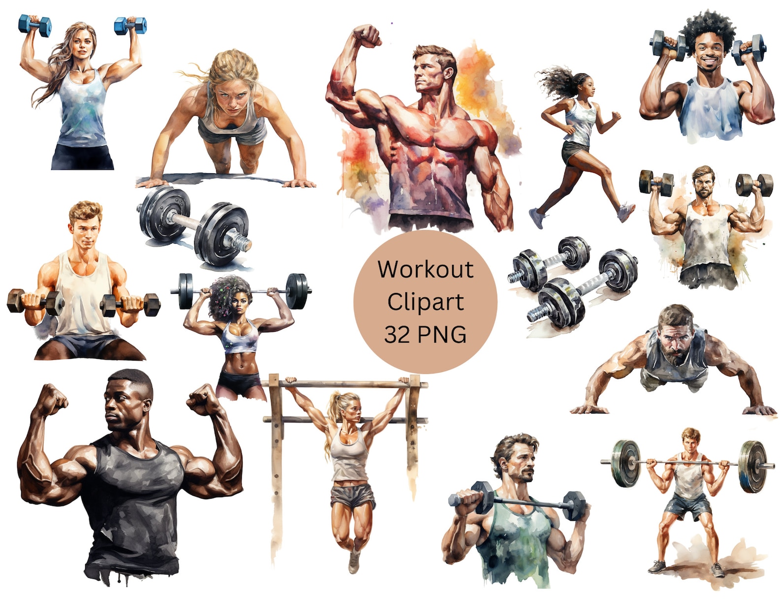Workout Watercolor Clipart, Exercises Clipart, Fitness PNG, Gym Bundle ...