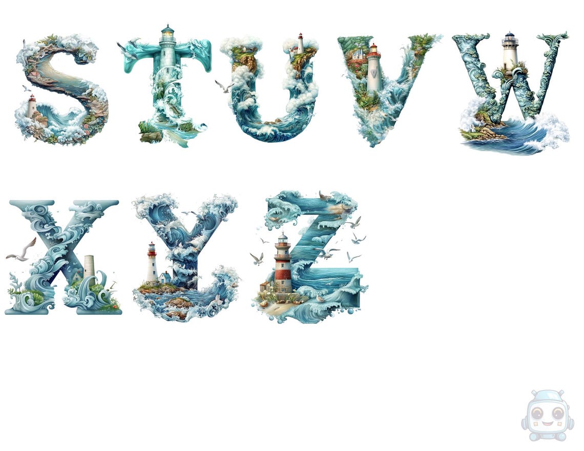 Lighthouse Waves Alphabet Clipart - Nautical Coastal Letters PNG ...