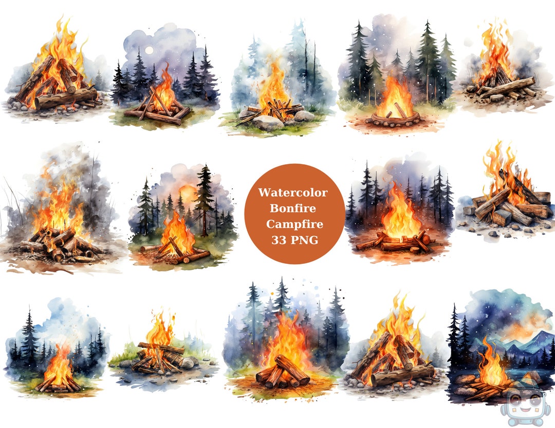 Watercolor 33 Bonfire Campfire Clipart, PNG Digital Files on ...