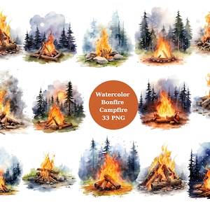 Watercolor 33 Bonfire Campfire Clipart, PNG Digital Files on ...