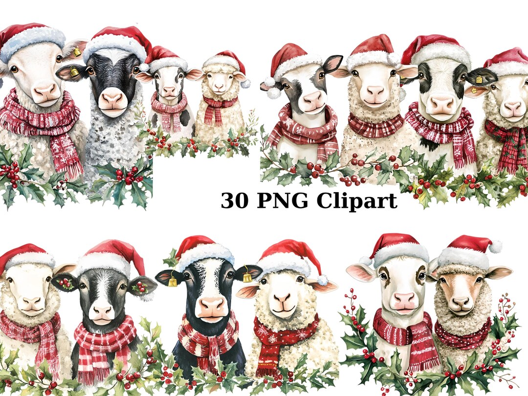 30 Festive Farm Animals Watercolor Clipart, Christmas Clipart, PNG ...