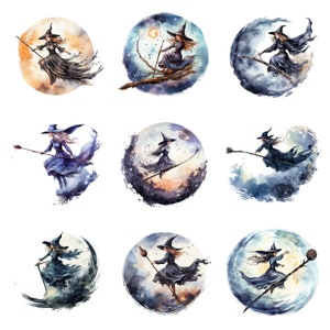 28 Witches on Broomsticks Watercolor Clipart, Halloween Clipart, PNG ...