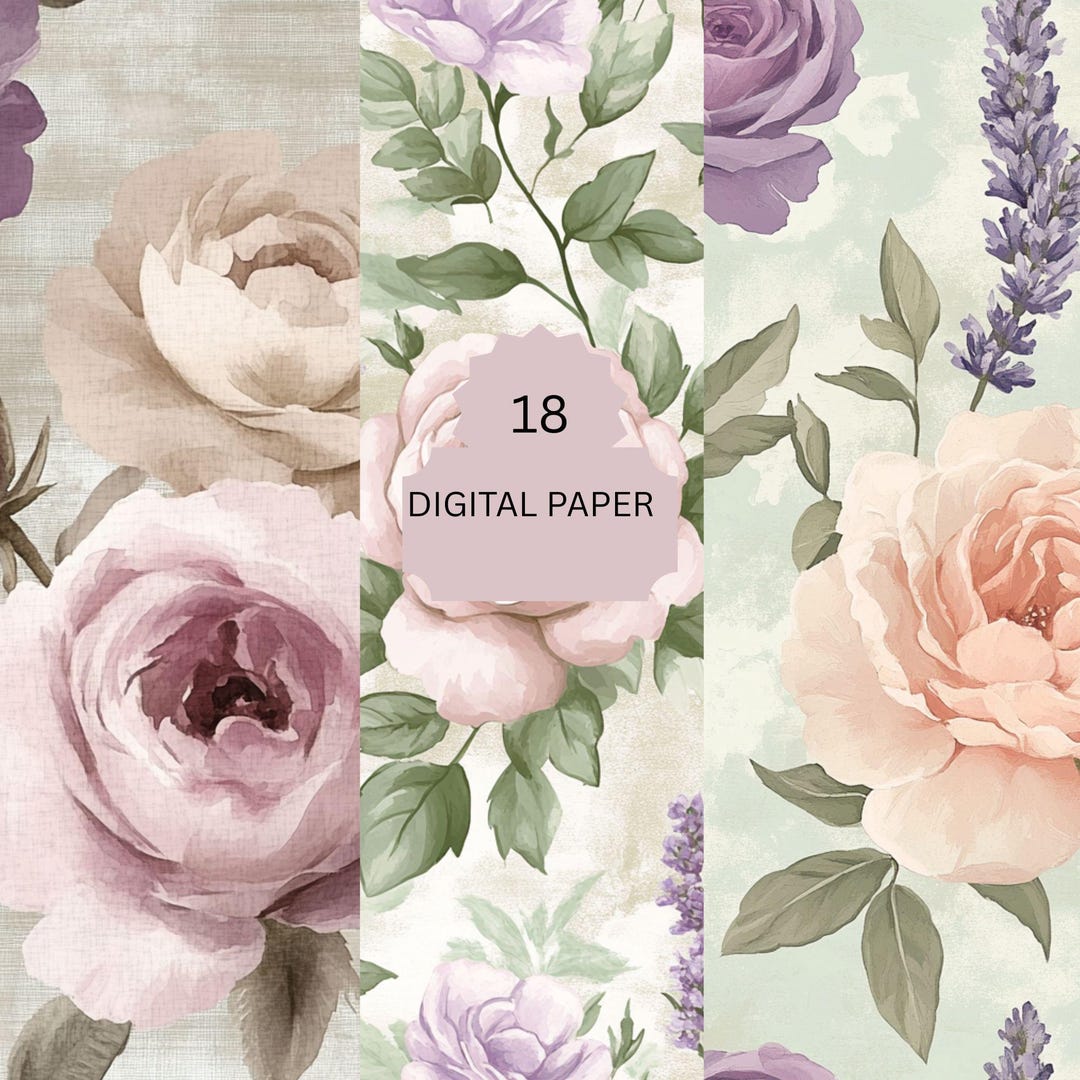 Romantic Floral Digital Paper Pack - Pastel Roses and Lavender ...