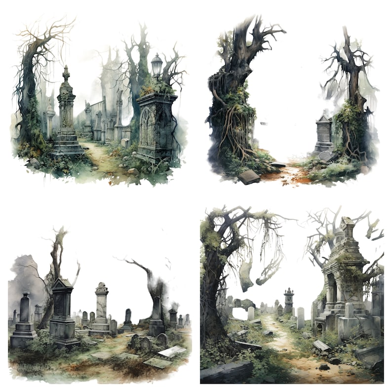 22 Gothic Cemeteries Watercolor Clipart, Gothic Clipart, PNG Individual ...