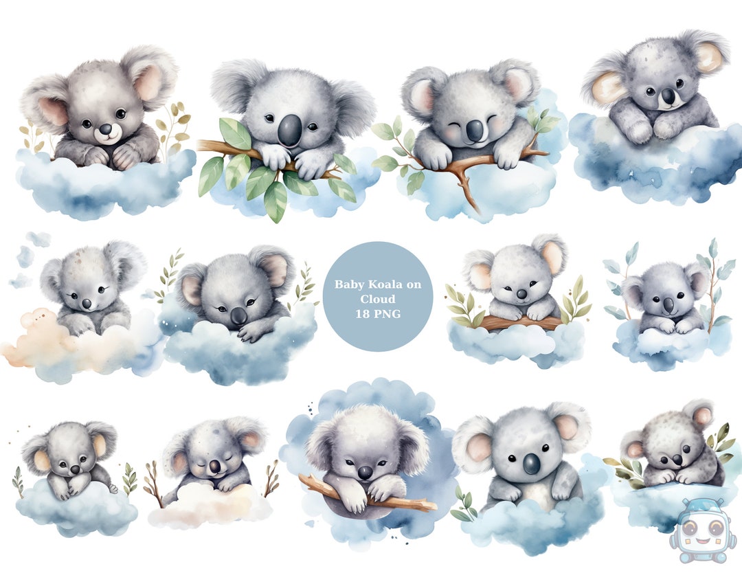 18 Koalas on Clouds Watercolor Clipart, Kids Clipart, PNG Individual ...