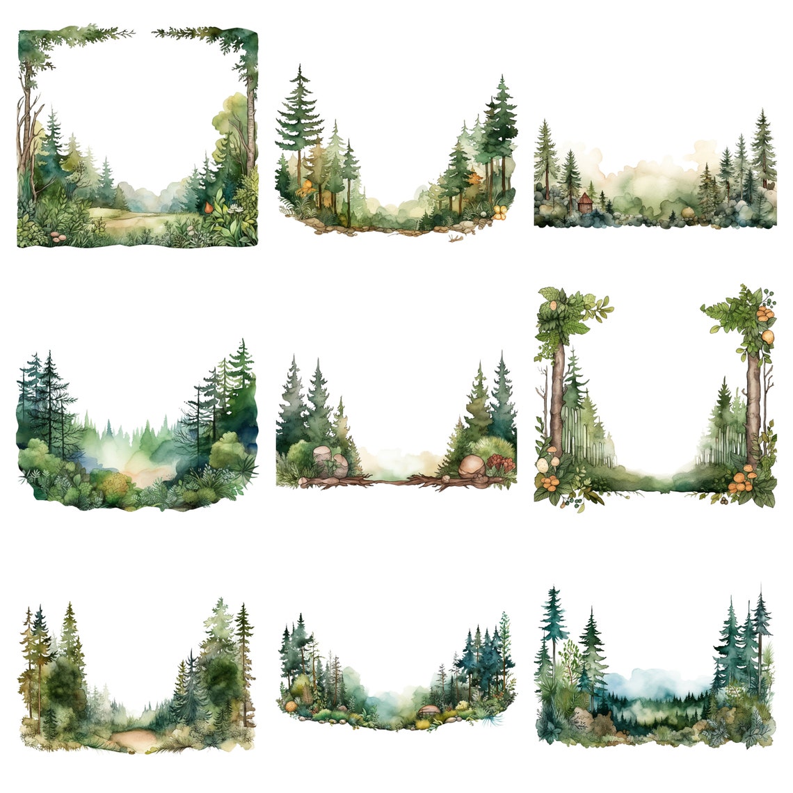 Watercolor Forest Borders Clipart, PNG Digital Files on Transparent ...