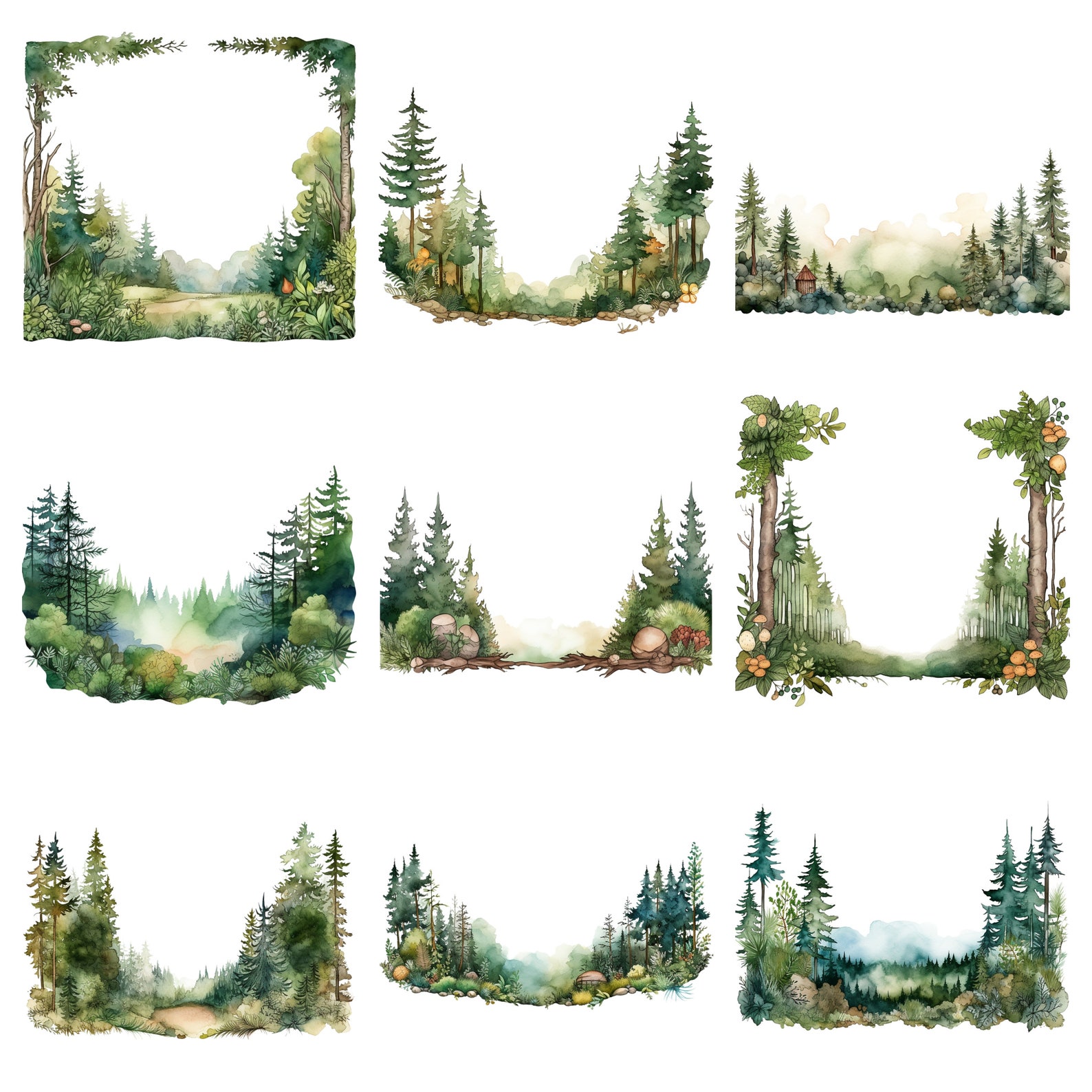Watercolor Forest Borders Clipart, PNG Digital Files on Transparent ...